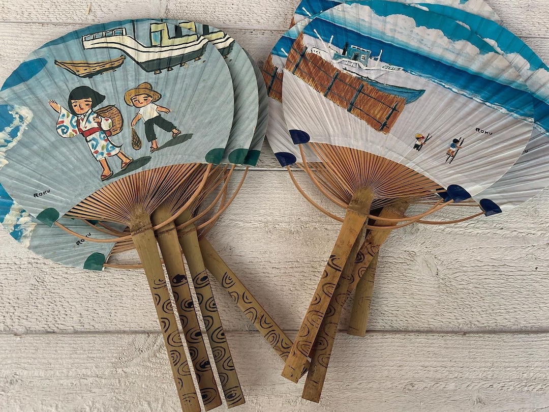 Vintage Japanese Paper Fans, Oriental Illustrated Fan, Asian Style Hand ...