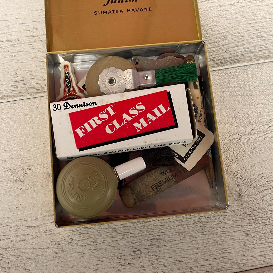 Vintage Tin Box With Ephemera and Office Supplies for Junk Journal ...