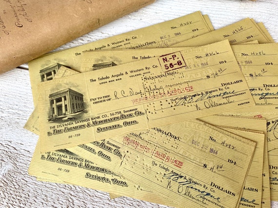 Vintage Pay Check Set Used Bank Notes Illustration Vintage | Etsy