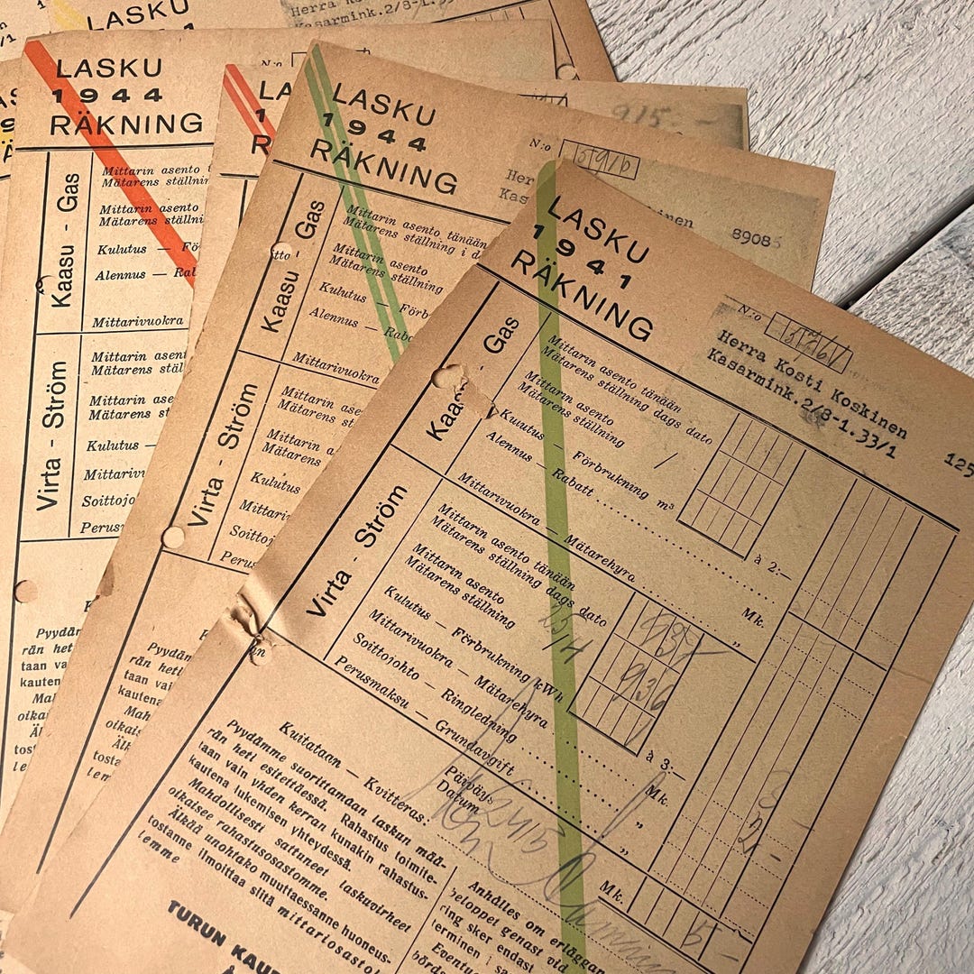Vintage Aged Invoices, Finnish Gas and Electricity Receipts, Ephemera ...
