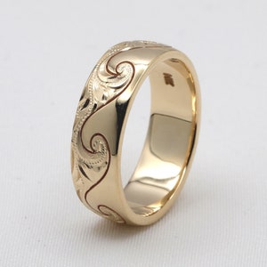 Wave Ring From Hawaii, Made of Solid 14K Gold, Hand Engraved With Ocean ...