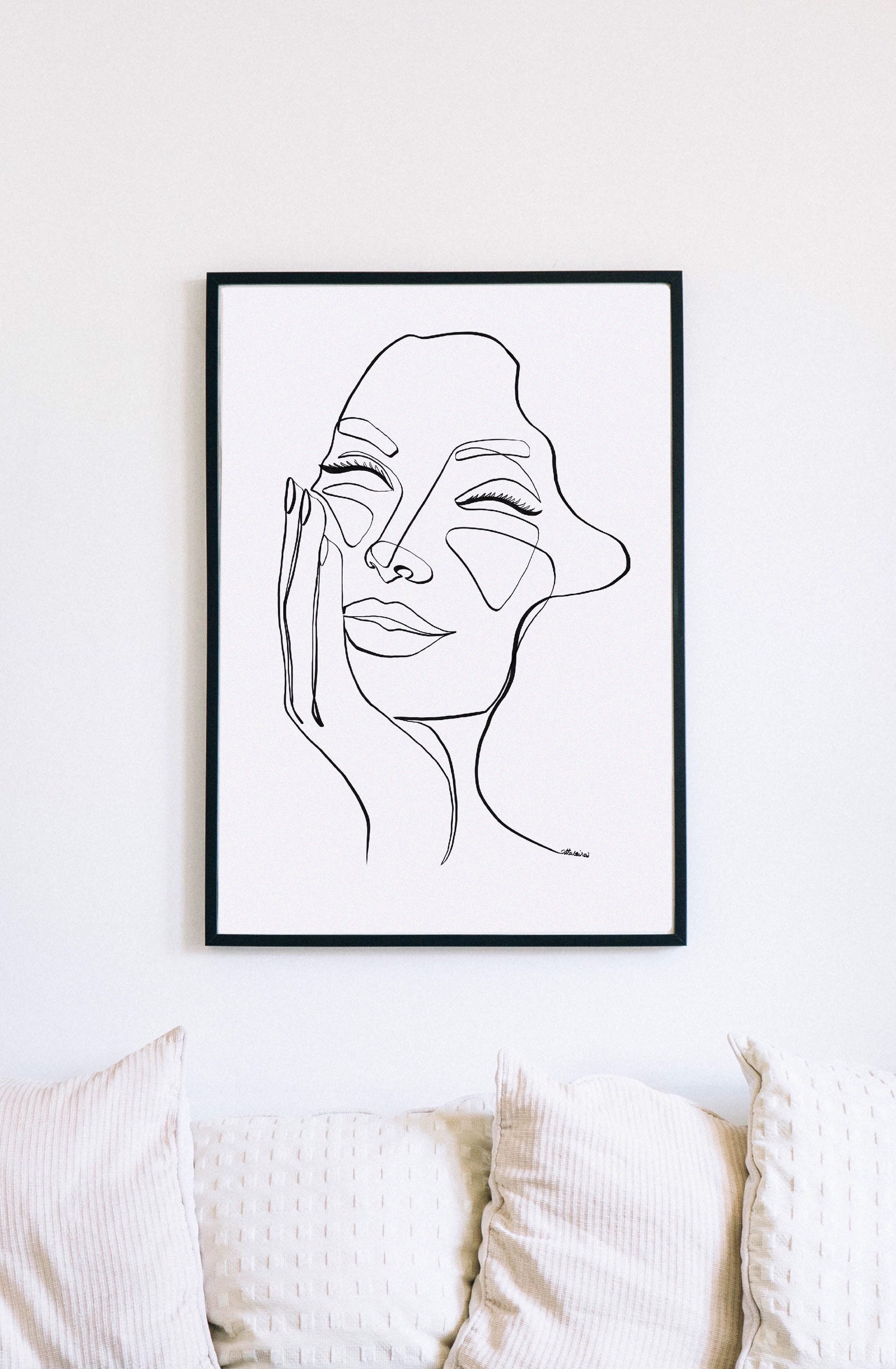 Impresión de cara femenina abstracta, dibujo de una línea imprimible ...