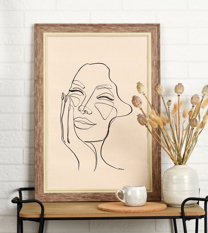 Impresión de cara femenina abstracta, dibujo de una línea imprimible ...