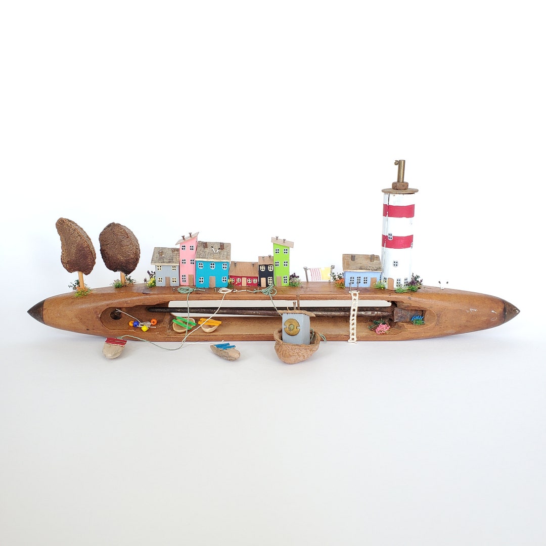 Vintage Weaving Shuttle, Weaving Bobbin, Upcycle Decor, Seaside Scene ...