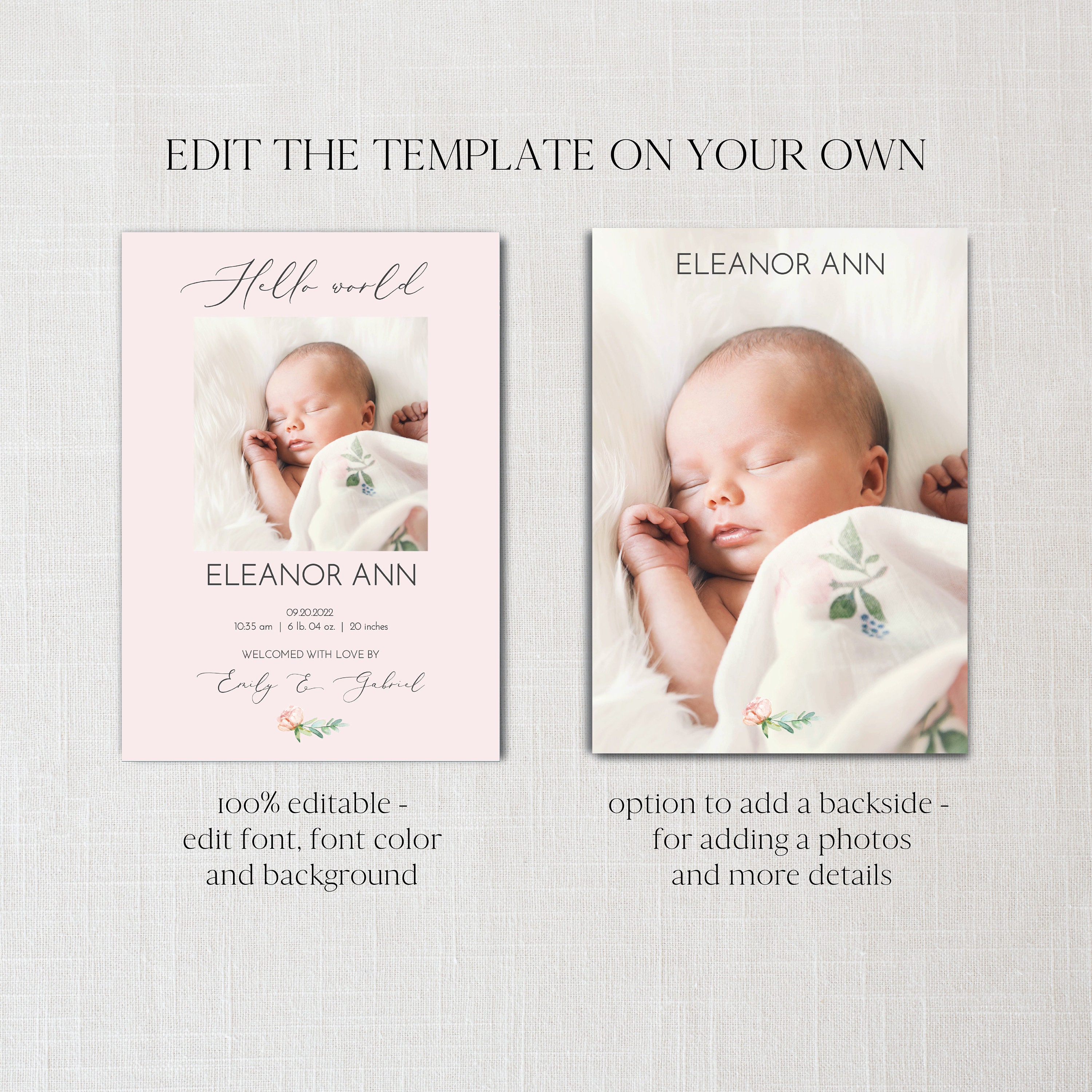 Birth Announcement Template With Photo, Modern Newborn Announcement ...