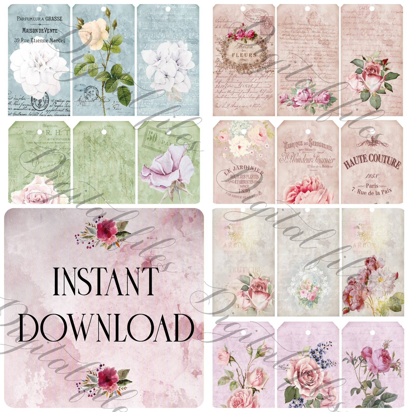 Printable Vintage Roses Tags / Shabby Gift Labels / Instant Download ...