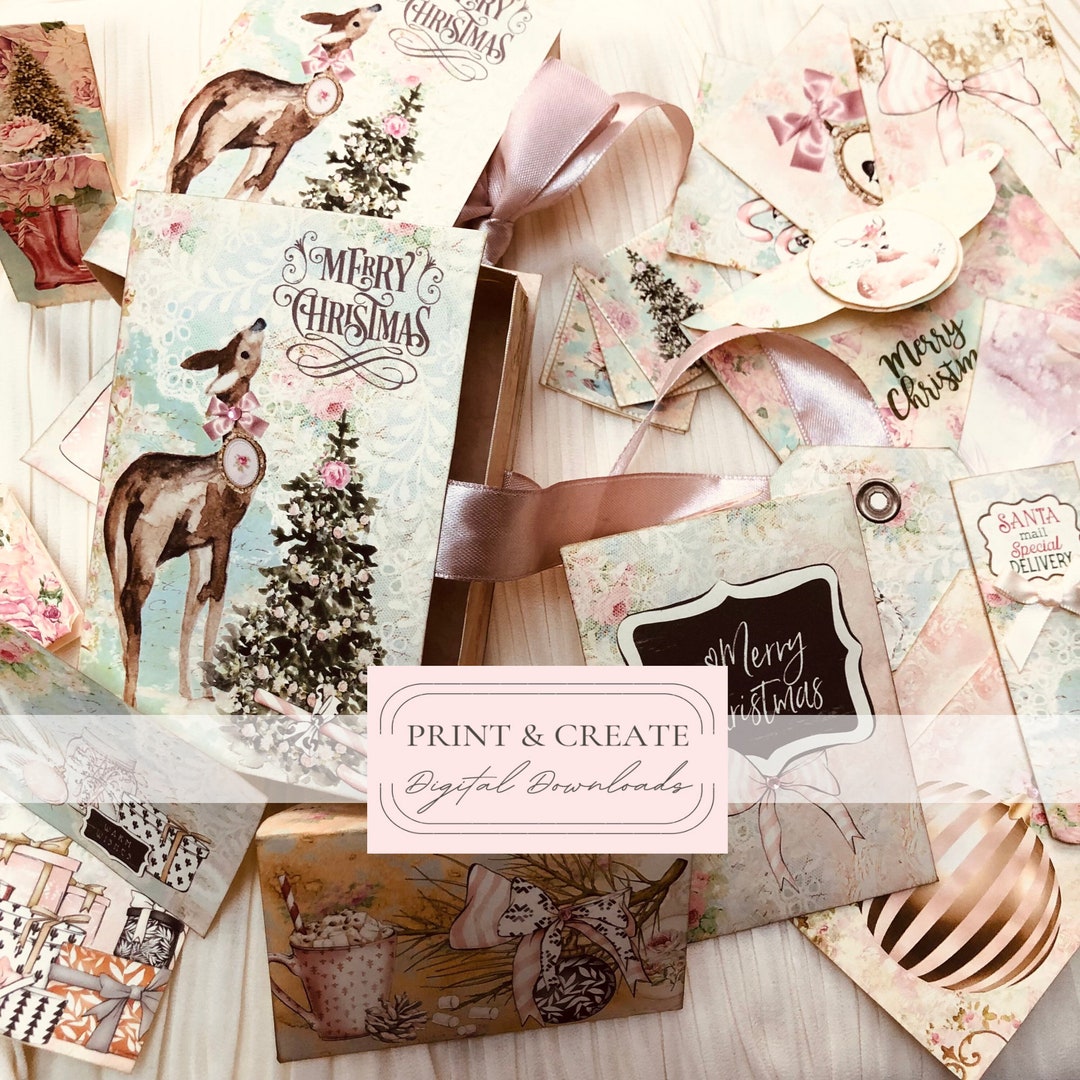Printable Christmas Gift Box / Crafting Project Digital Kit / Shabby ...