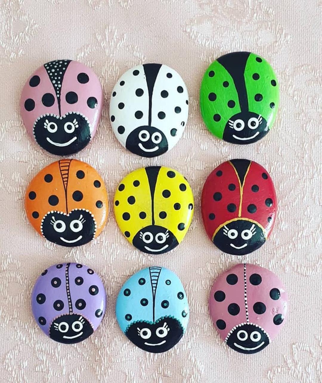 SET of 5 Ladybugs Hand Painted Art Rocks Home Decor Stones Pebble ...