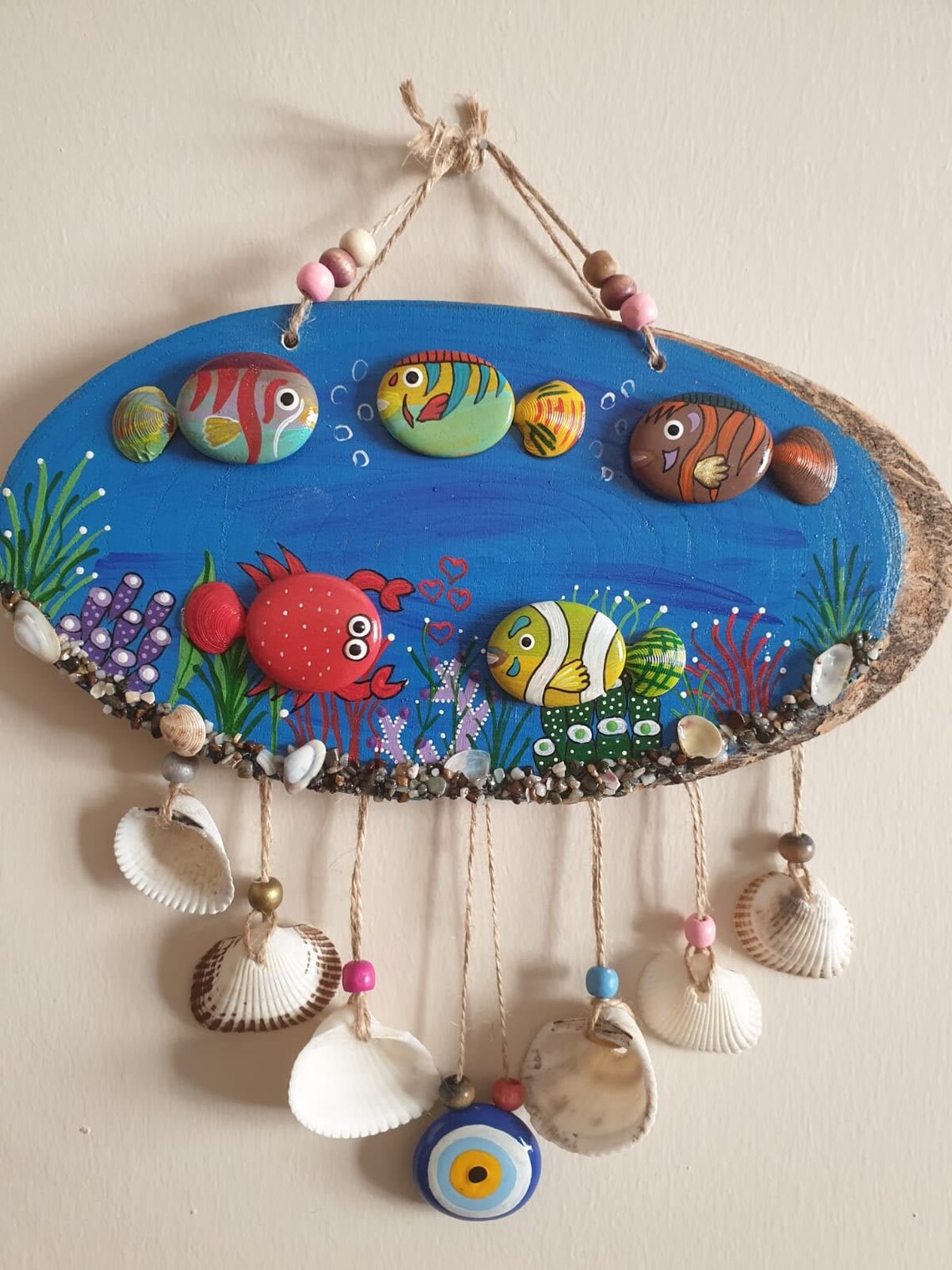 Hand Painted Pebble Art Blue Fish Sea Shell Stone Wall Decor - Etsy UK