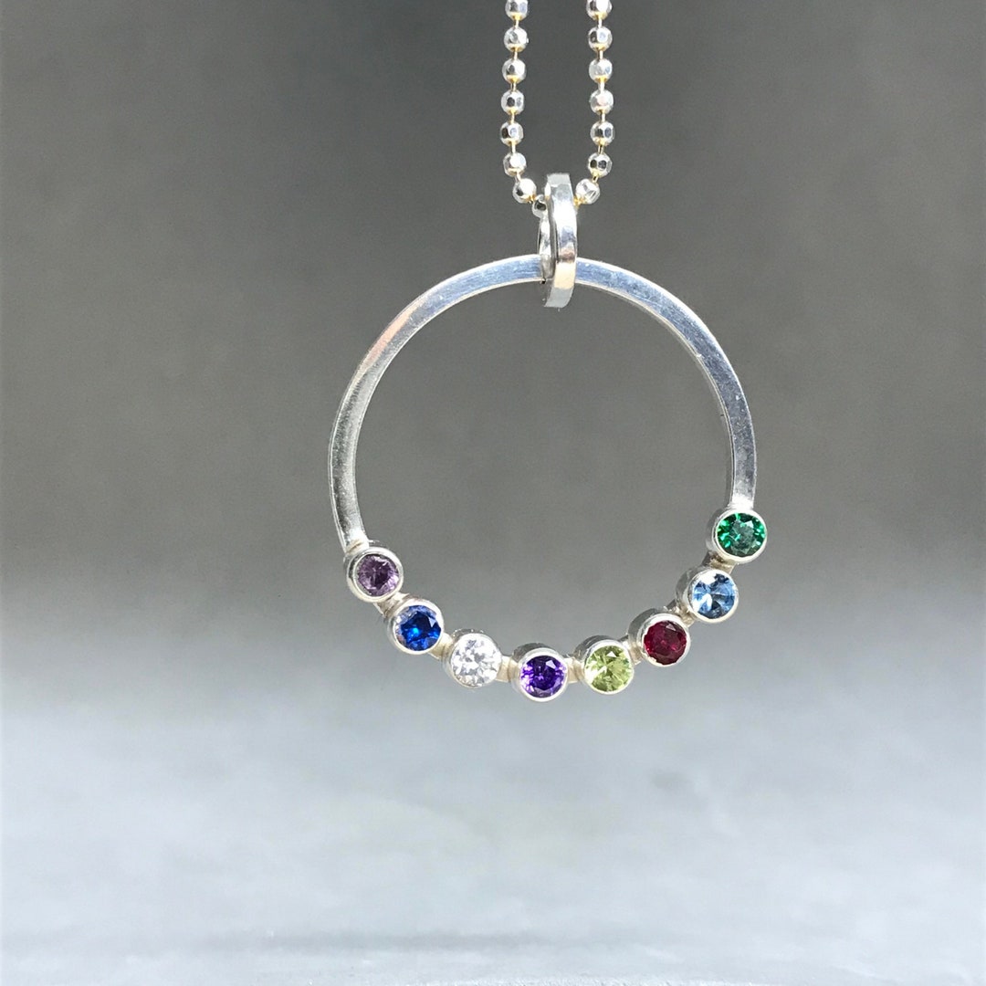 Birthstone Family Necklace With 1 to 15 Birthstones Set on a One Inch ...