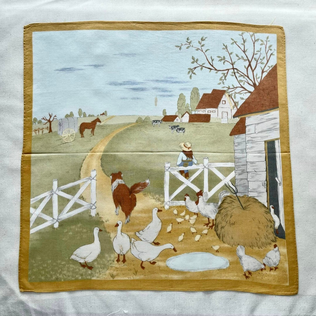 Vintage Farm Animal Handkerchief: Country Scene - Etsy