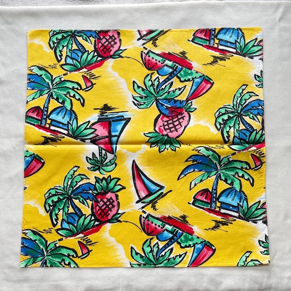 Vintage Island Handkerchief: Tropical Beach Art - Gem