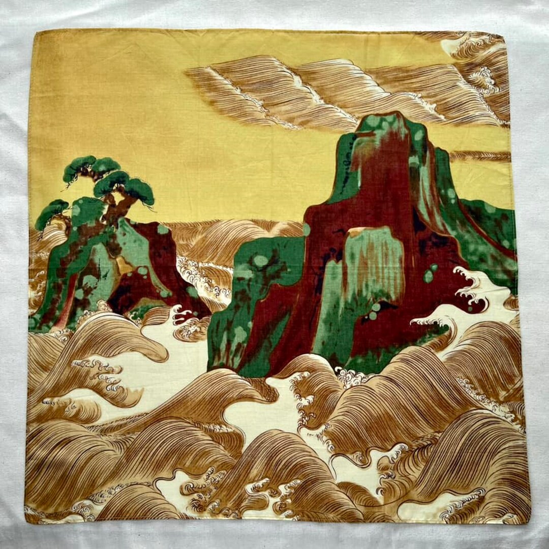 Vintage Japanese Art Handkerchief: Mountain & Wave Souvenir - Etsy