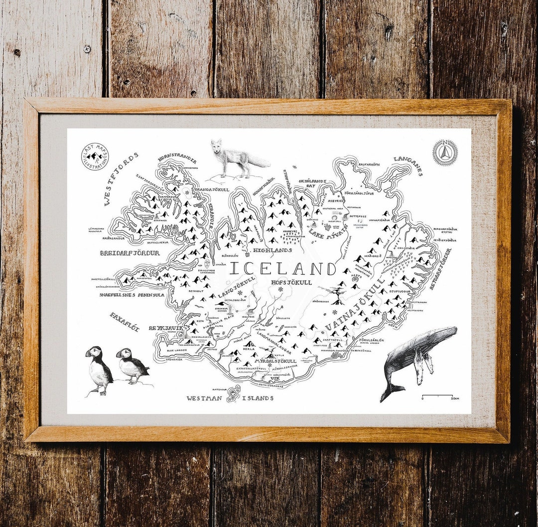 Iceland Illustrated Map Poster Original Fine Art Print - Etsy