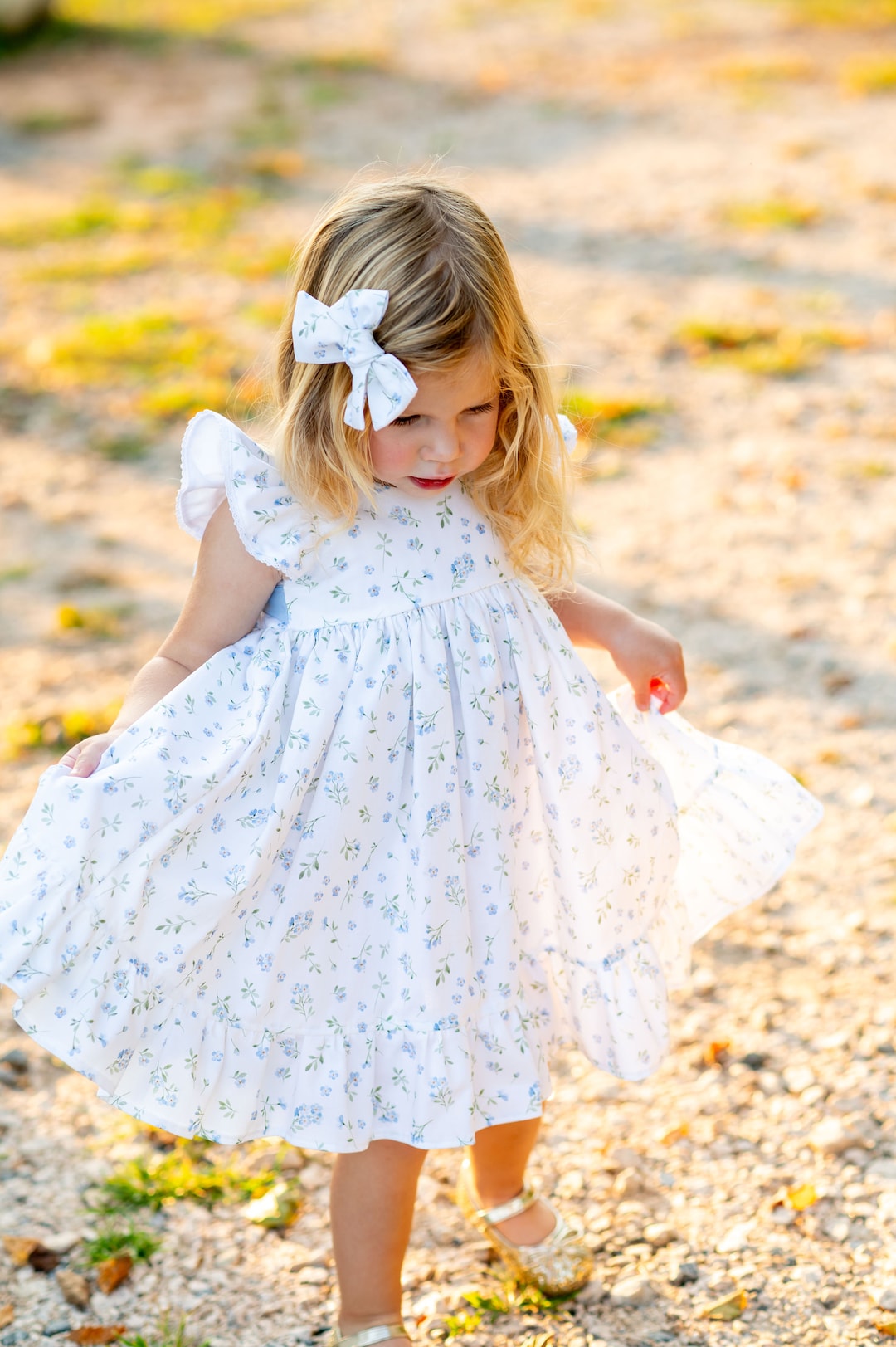 Girls Twirl Dress White With Blue Flowers - Etsy