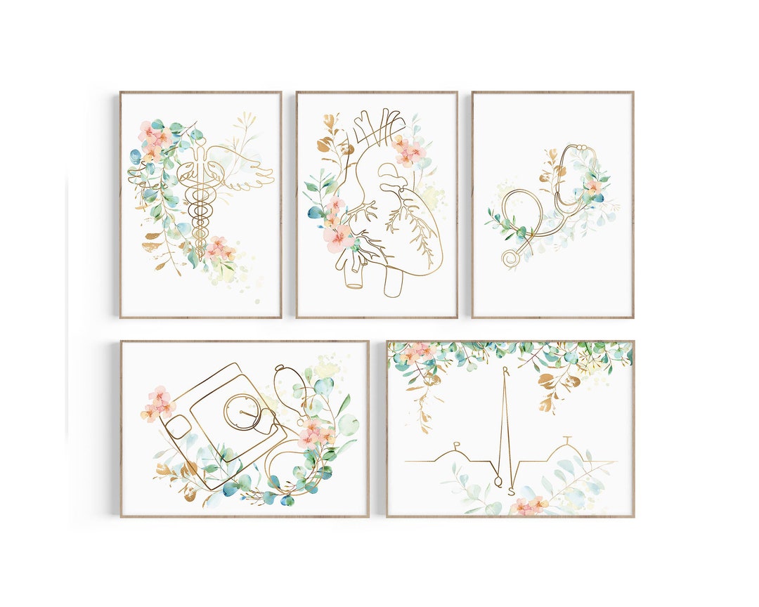 Cardiologist Office Decor Prints: Floral Heart, Stethoscope Art ...