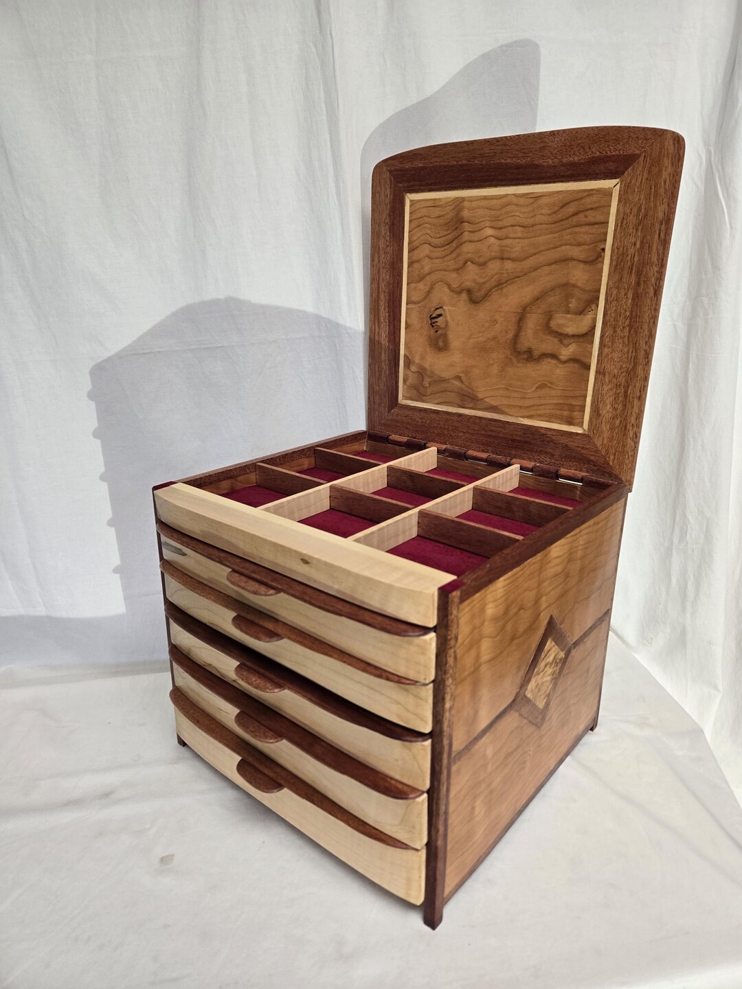 Curly Cherry and Curly Maple Jewelry Box With 5 Drawers and Lift-top ...