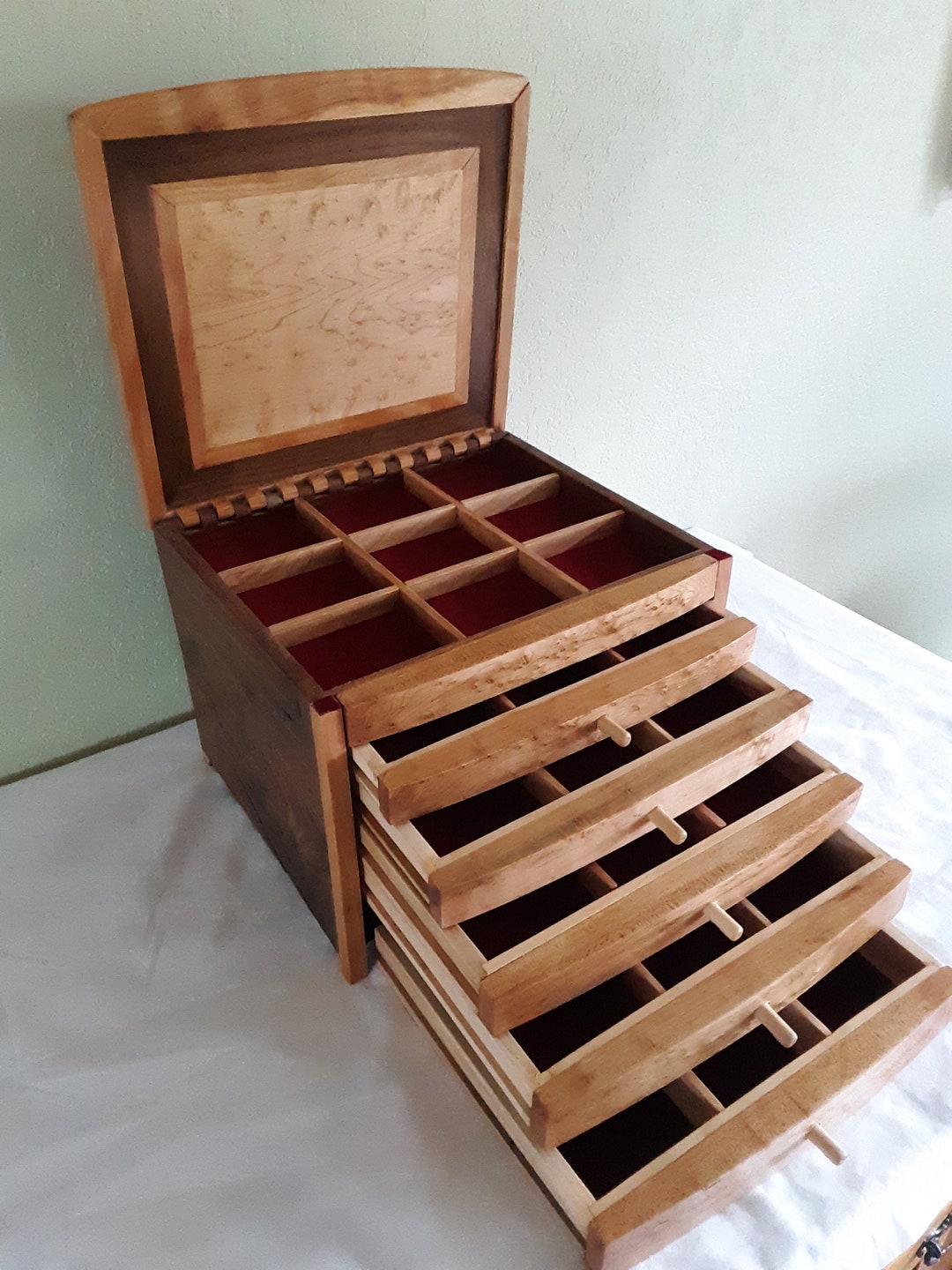 Black Walnut and Birdseye Maple Jewelry Box With 5 Drawers and Lift-top ...
