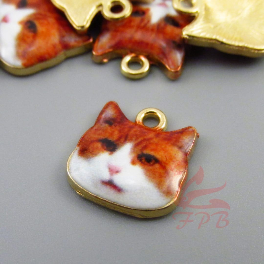 2 Orange Tabby Cat Charms 13mm Gold Plated Enamel Kitty Pendants ...