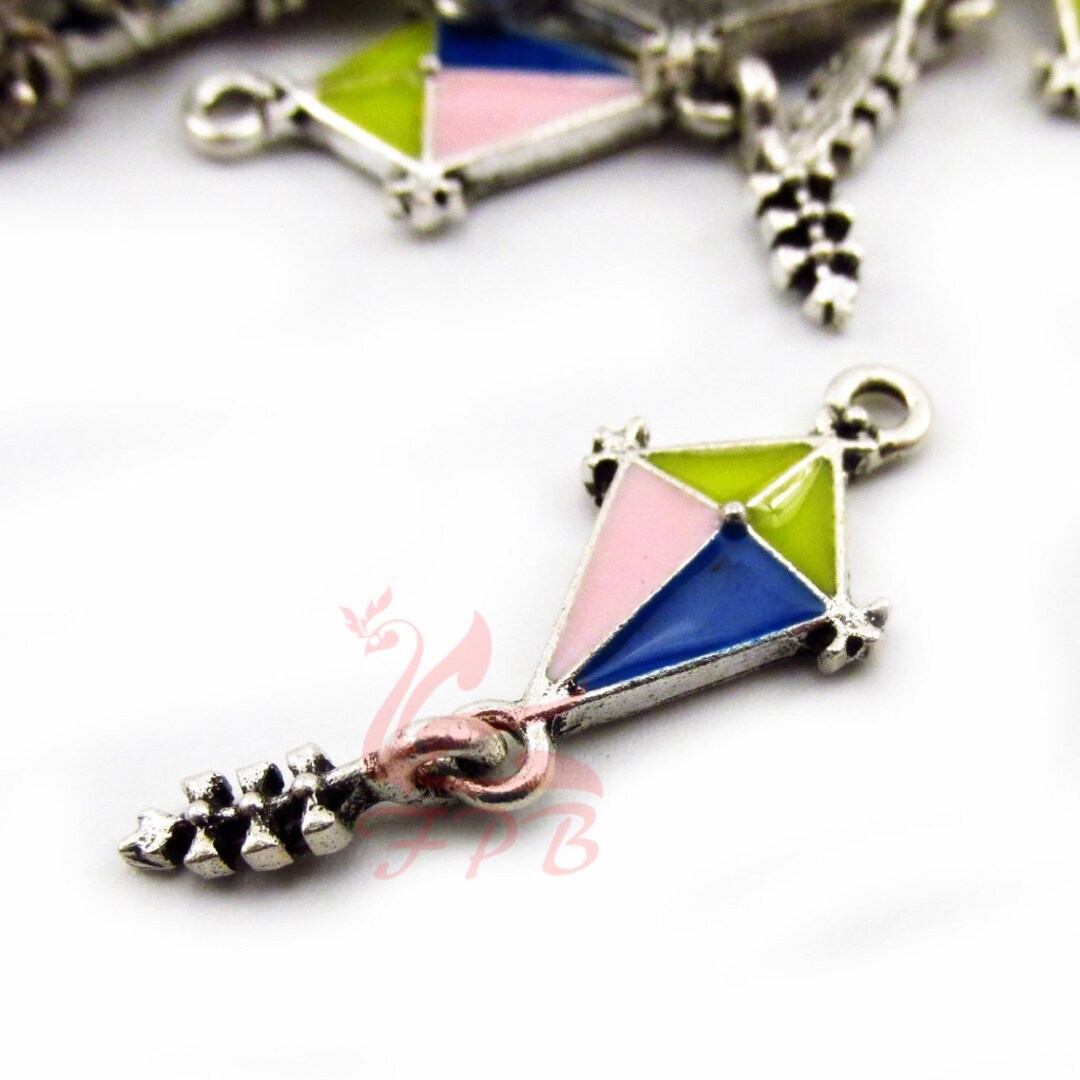 1 Flying Kite Charms 30mm Wholesale Silver Plated Green Enamel Pendants ...
