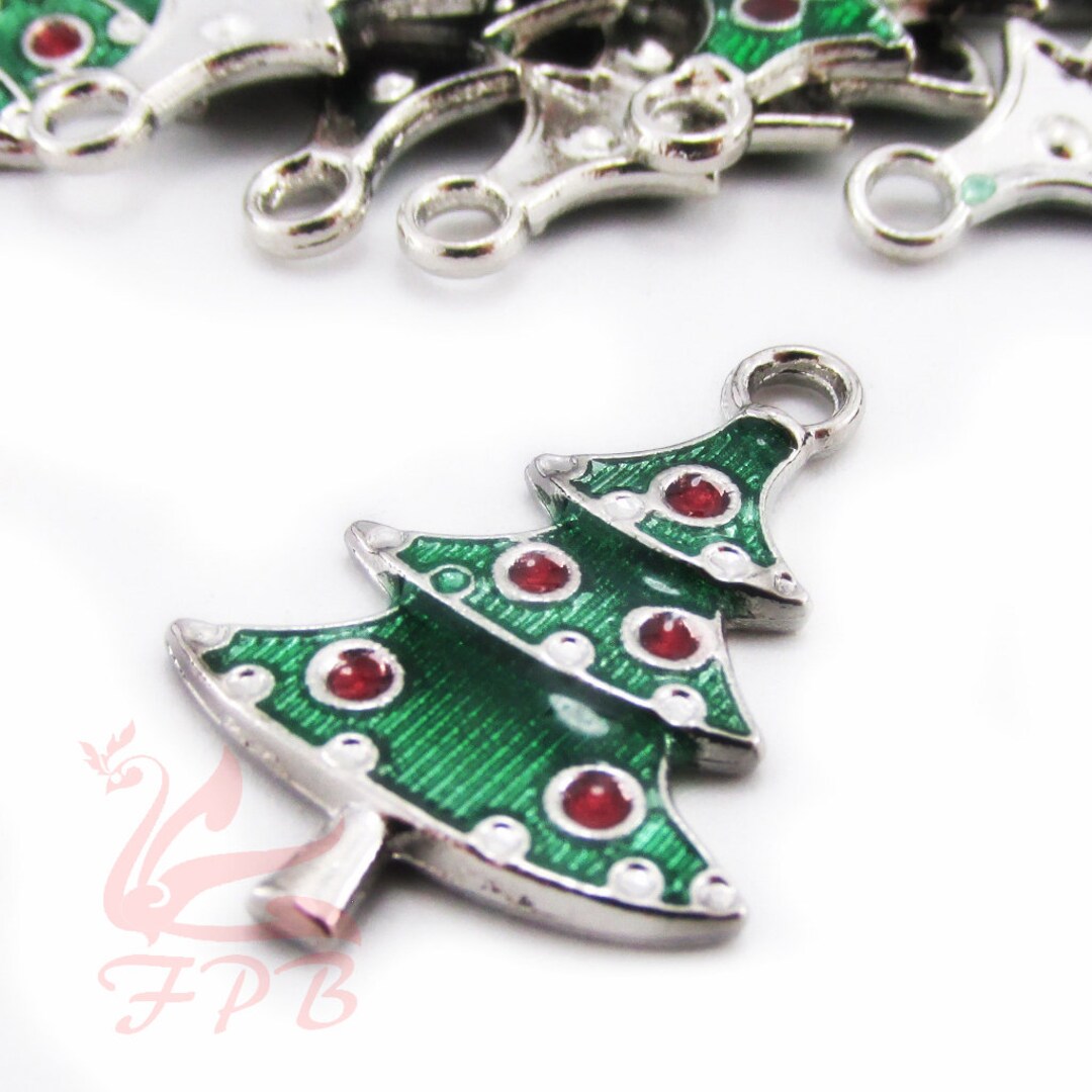 2 Christmas Tree Charms 26mm Silver Plated Green Enamel Pendants ...