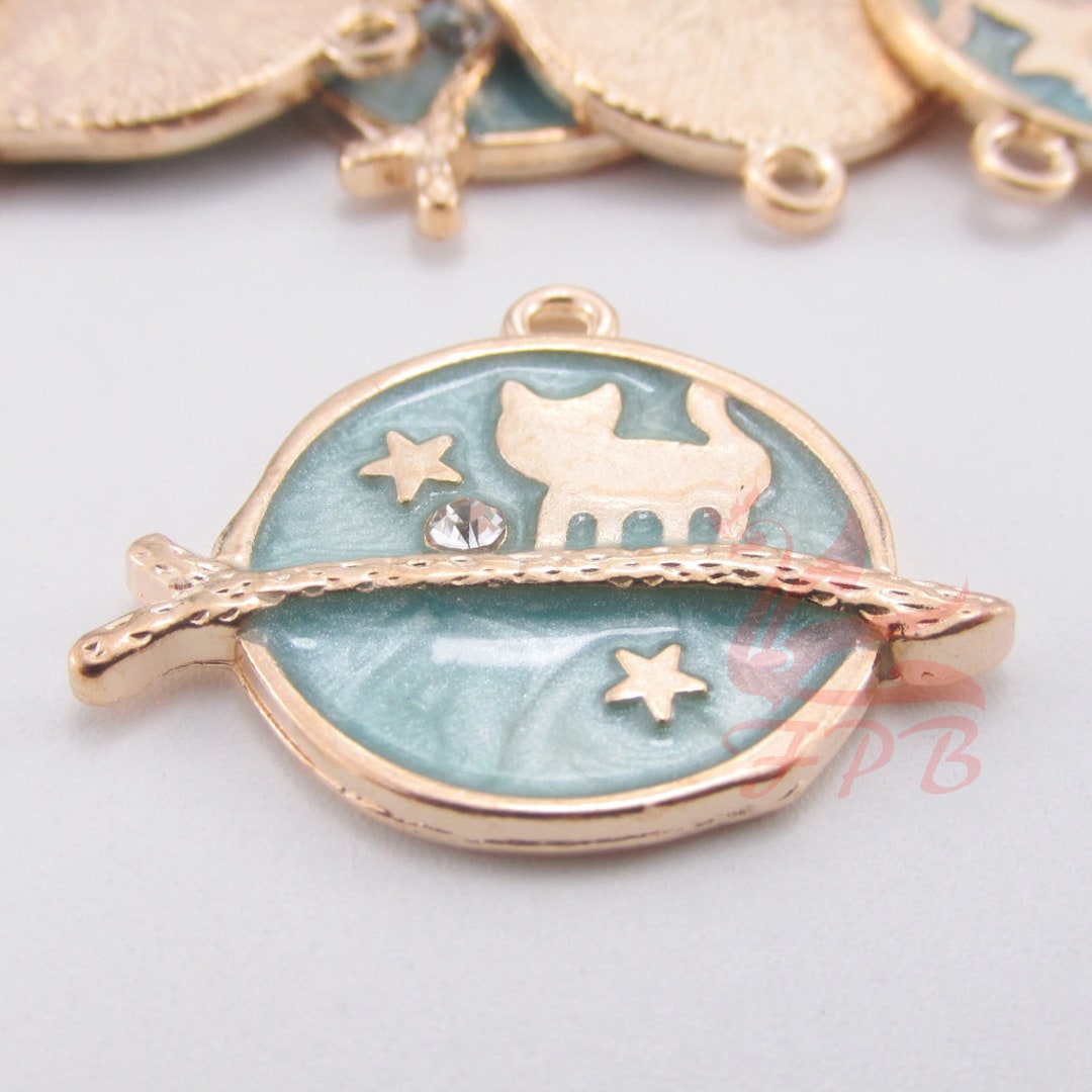 2 Light Blue Cat Charms 26mm Wholesale Gold Plated Enamel Pendants ...