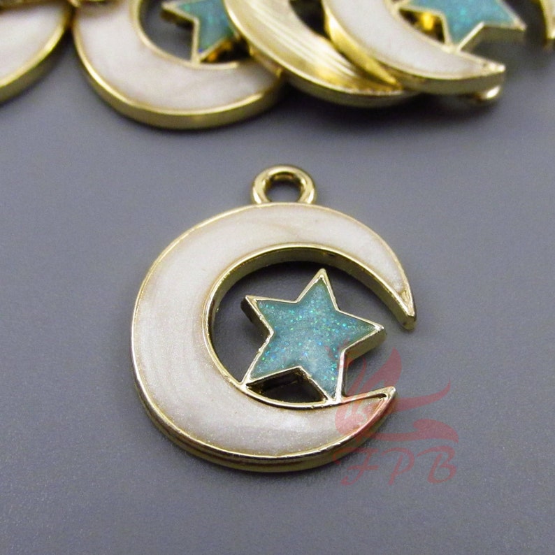 2 Moon and Star Charms 20mm Wholesale Gold Plated Blue Enamel Pendants ...
