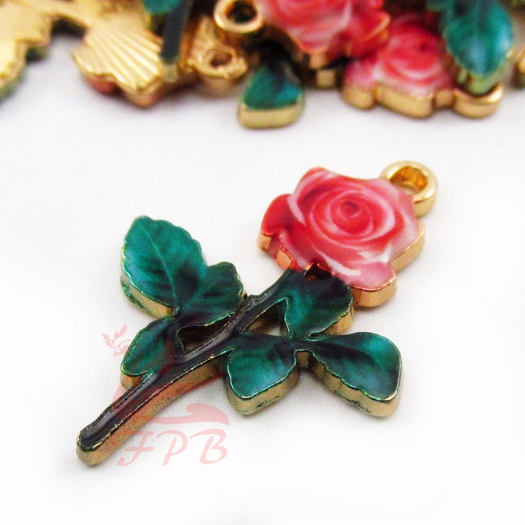 2 Red Rose Charms 29mm Gold Plated Enamel Pendants EC0100998 - Etsy