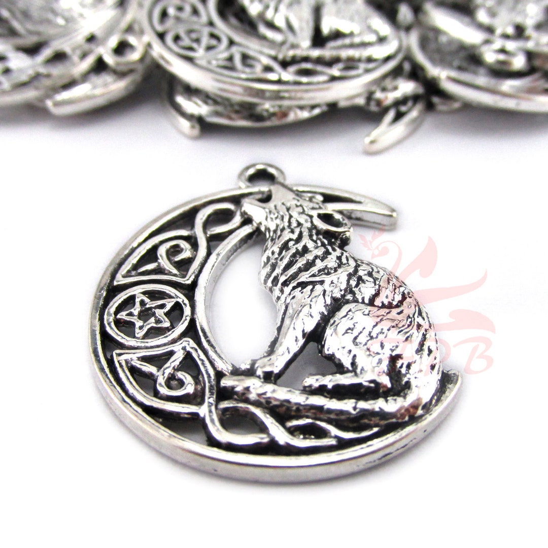 5 Celtic Moon Wolf Charms 34mm Wholesale Antiqued Silver Plated ...