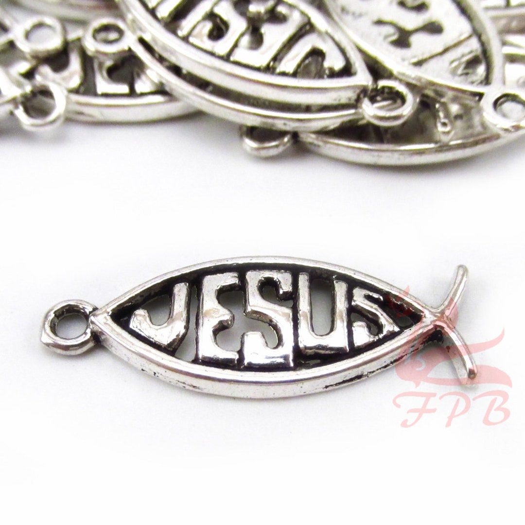 10 Jesus Fish Charms 26mm Wholesale Antiqued Silver Plated Pendants ...