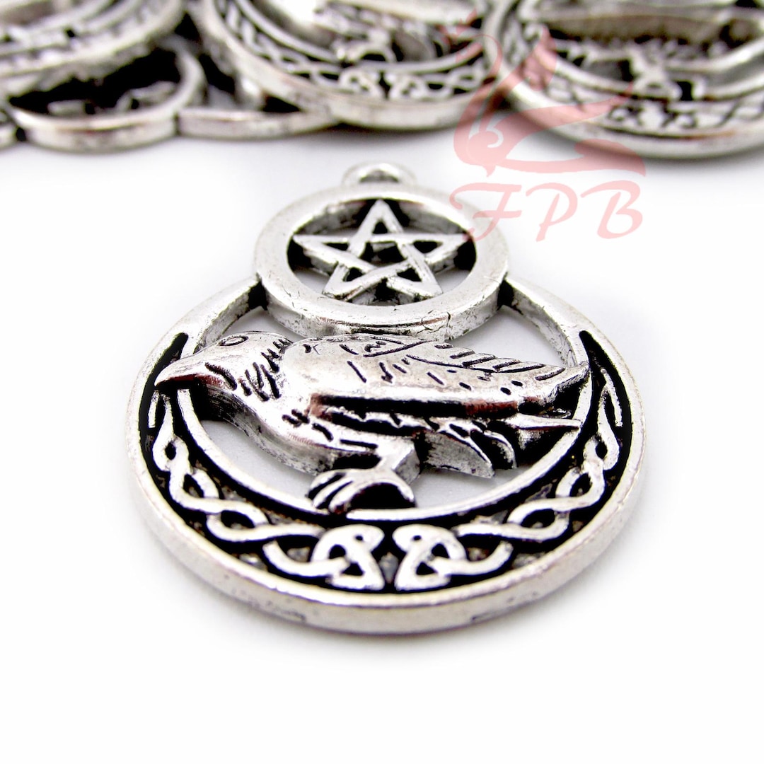 5 Celtic Raven Charms 34mm Wholesale Antiqued Silver Plated Pentagram ...
