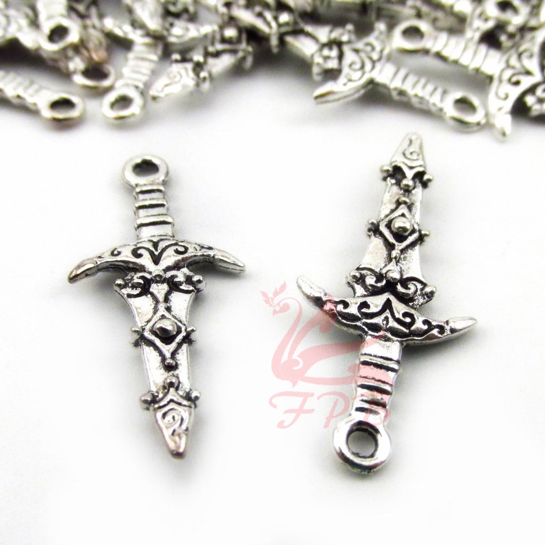 10 Sword Charms 28mm Antiqued Silver Plated Sword Pendants SC0029879 - Etsy