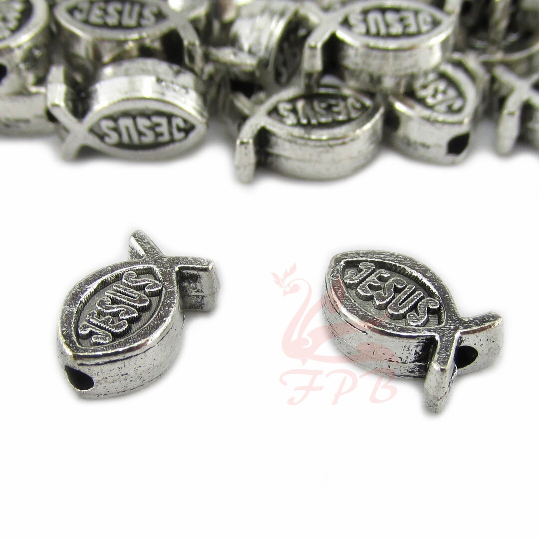 20 Jesus Fish Beads 8mm Wholesale Antiqued Silver Plated Christian ...