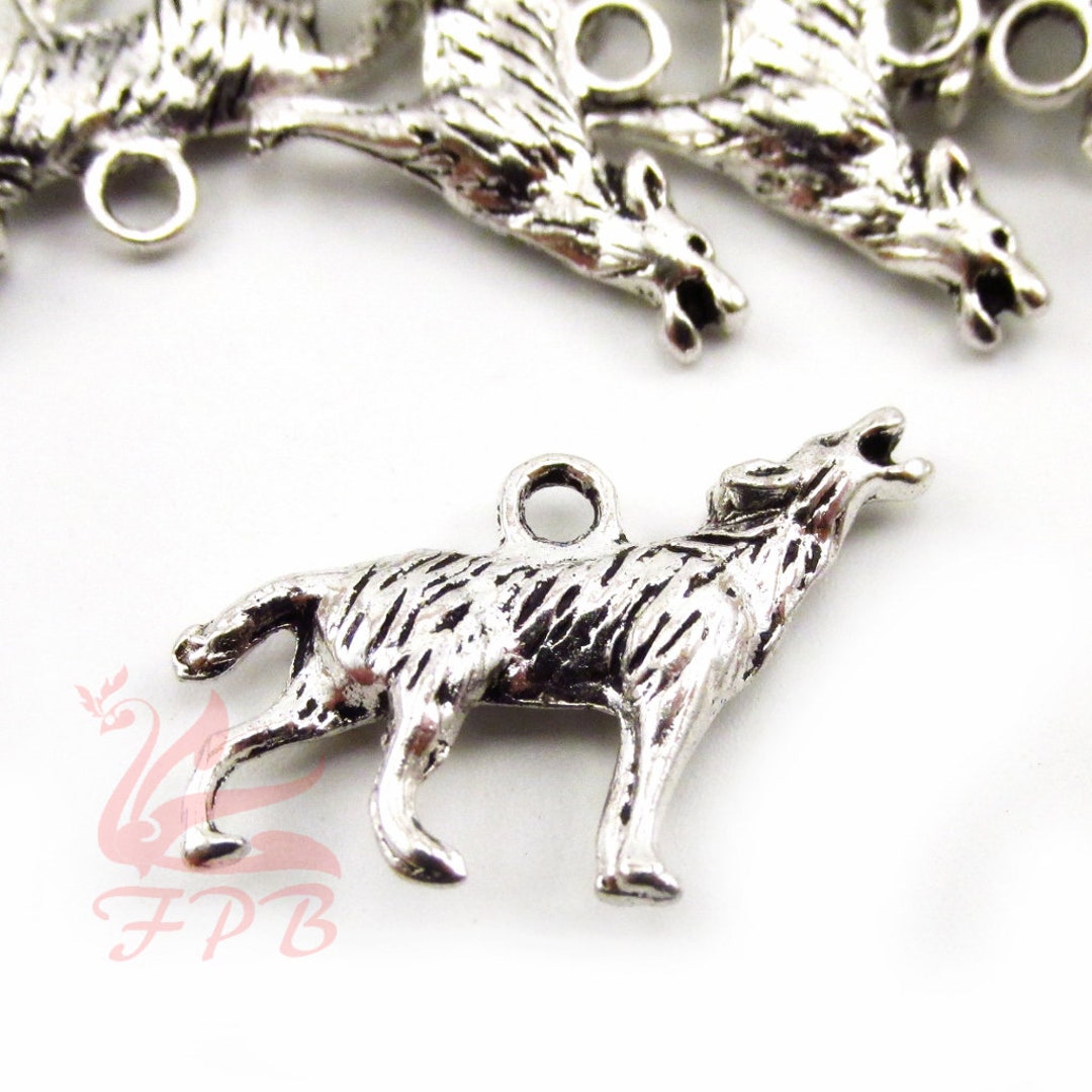 5 Howling Wolf Charms 25mm Wholesale Antiqued Silver Plated Animal ...