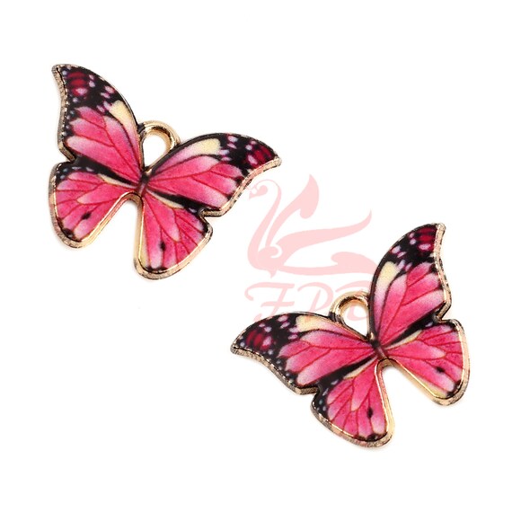 2 Pink Butterfly Charms 22mm Wholesale Gold Plated Enamel Monarch Pendants EC0699658 Etsy