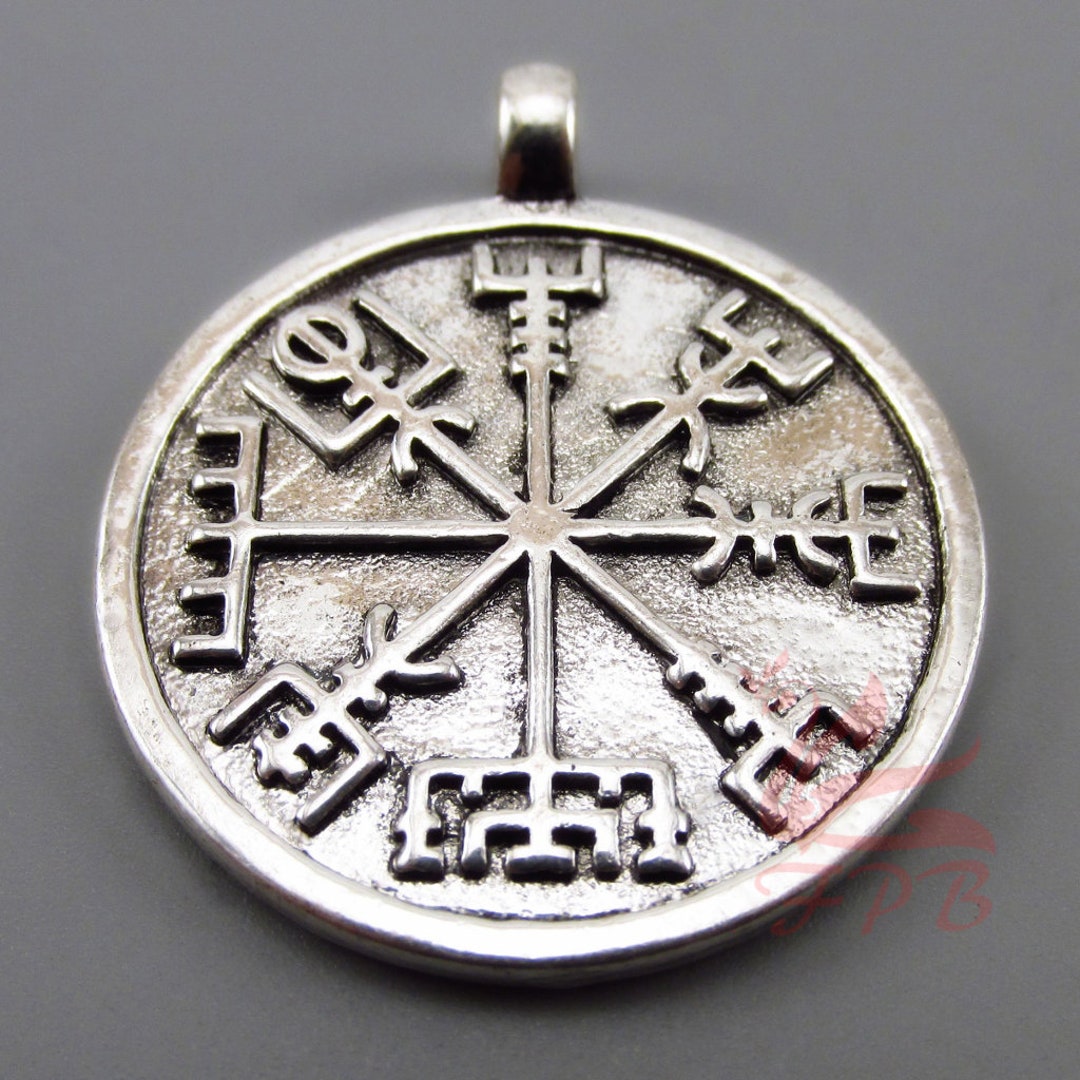 1 Viking Compass Pendant 37mm Large Antiqued Silver Plated Runic ...