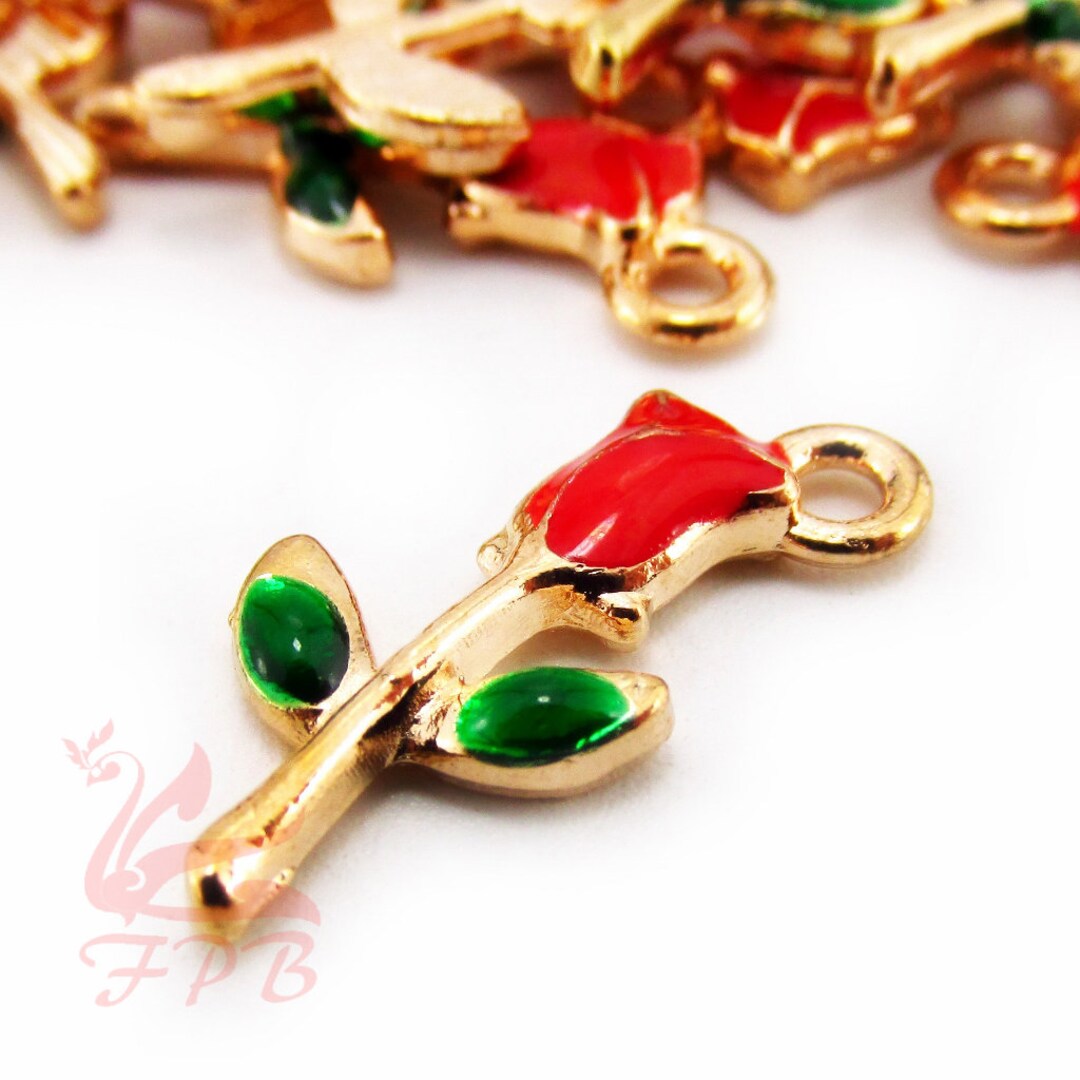 5 Red Rose Charms 19mm Wholesale Gold Plated Enamel Pendants ECB0111703 ...