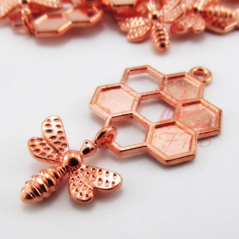 2 Bee Honeycomb Charms 46mm Wholesale Rose Gold Honey Bee | Etsy