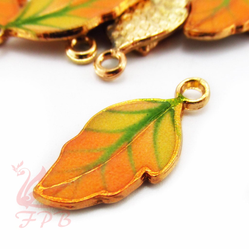 2 Orange Leaf Charms 22mm Wholesale Enamel Gold Plated Autumn Pendants ...