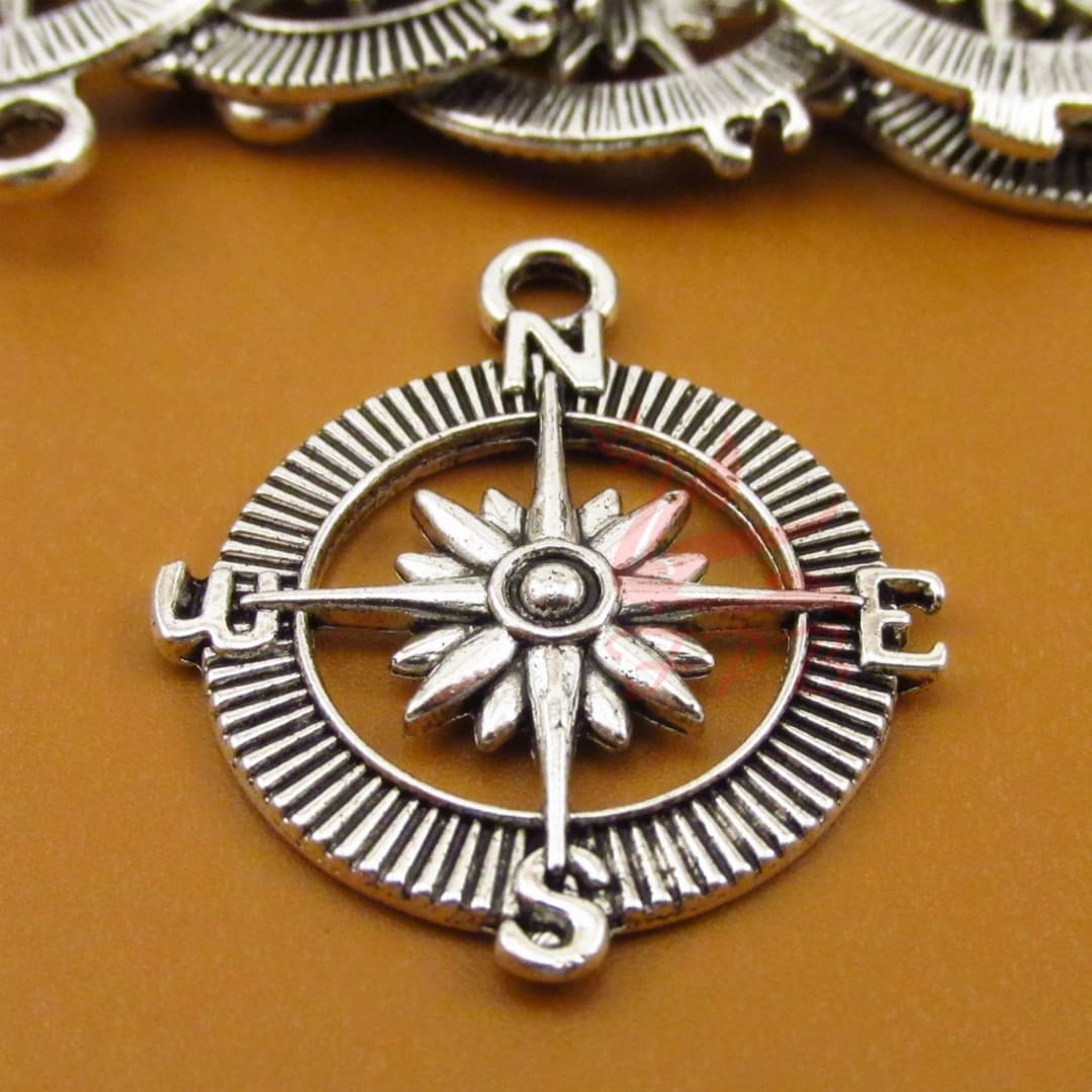5 Compass Charms 30mm Wholesale Antiqued Silver Plated Travel Pendants ...