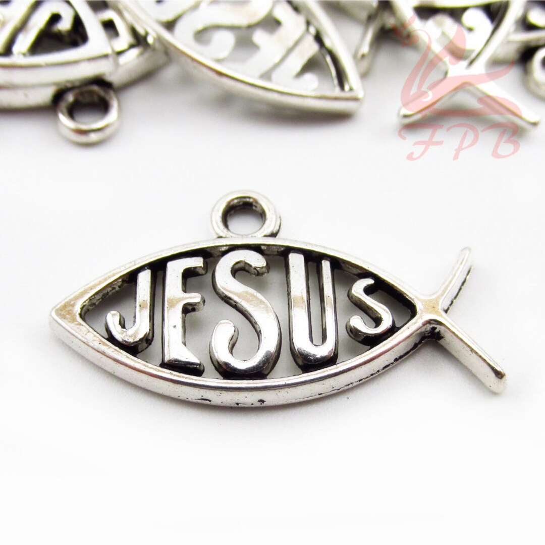10 Jesus Fish Charms 29mm Wholesale Antiqued Silver Plated Pendants ...