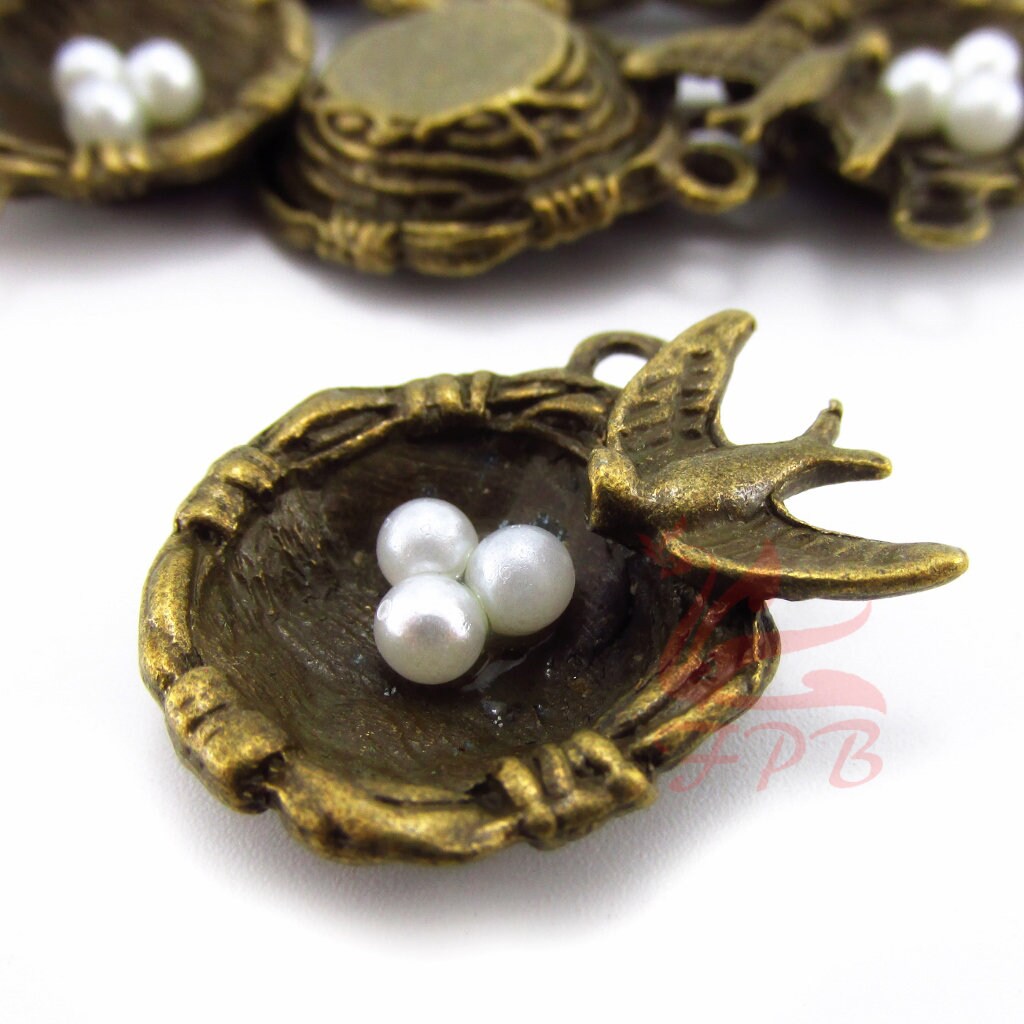 2 Bird Nest Charms 24mm Wholesale Antiqued Bronze Animal Pendants ...