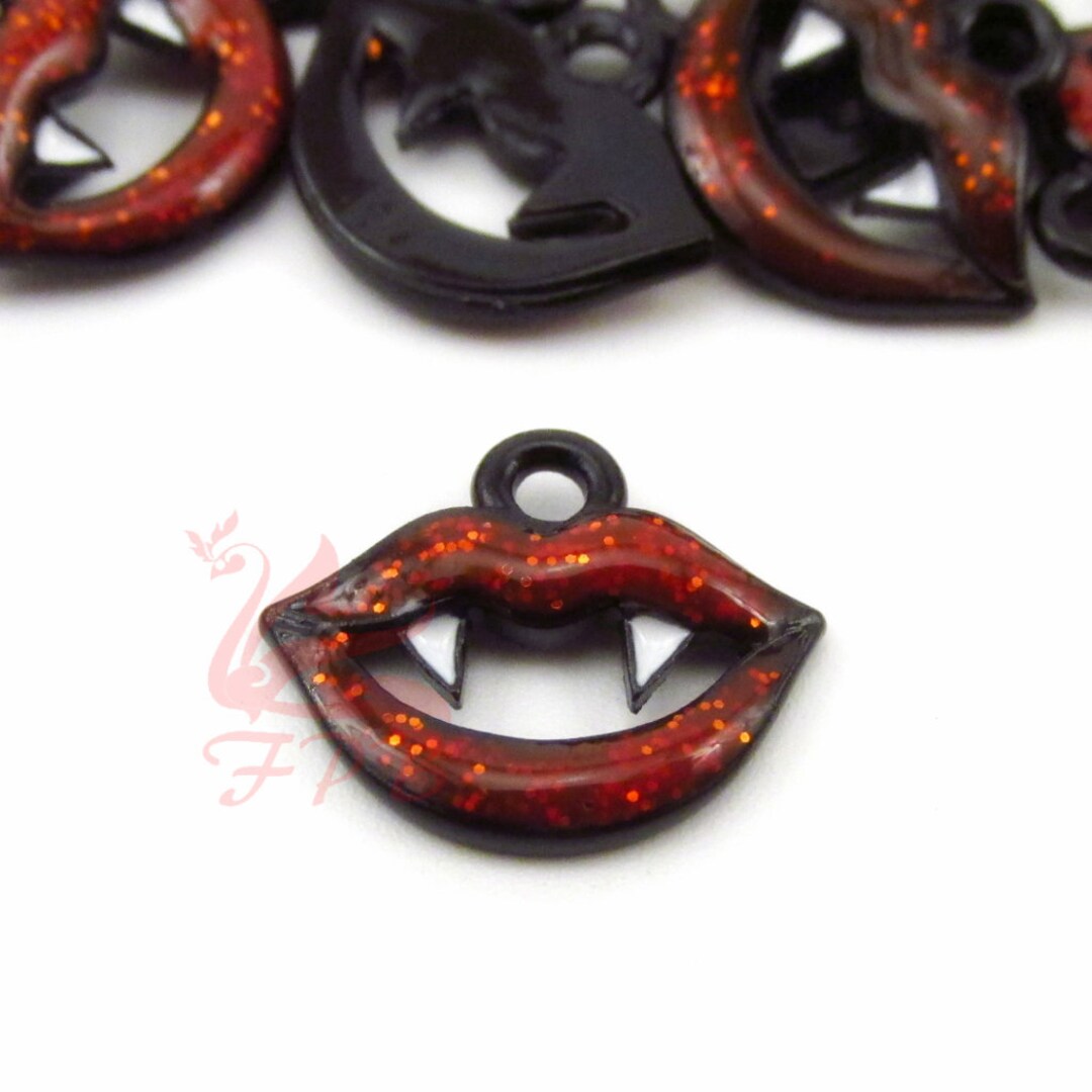 2 Vampire Fangs Charms 13mm Wholesale Red Glitter Lips Enamel Pendants ...