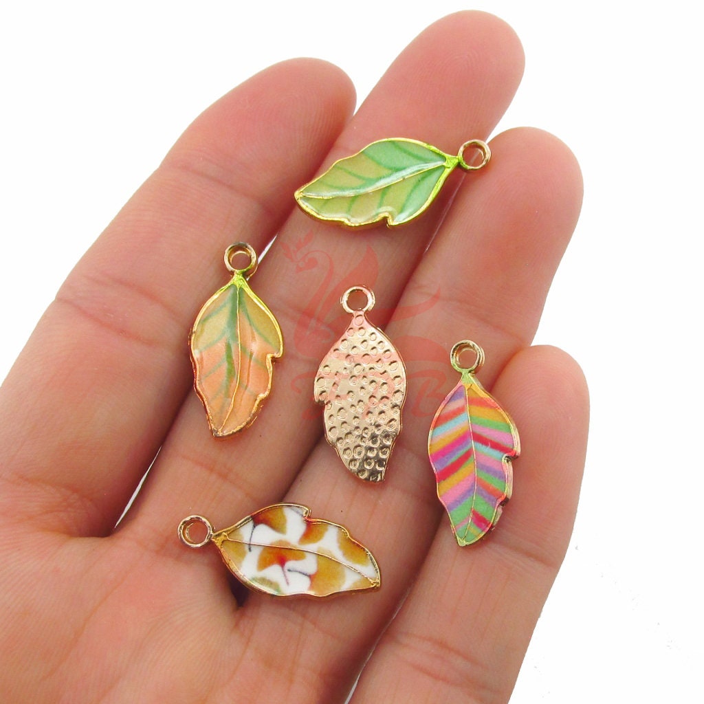 2 Orange Leaf Charms 22mm Wholesale Enamel Gold Plated Autumn Pendants ...