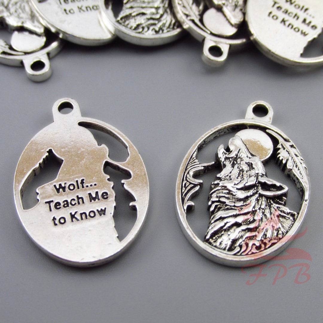 5 Howling Wolf Charms 28mm Wholesale Antiqued Silver Plated Animal ...