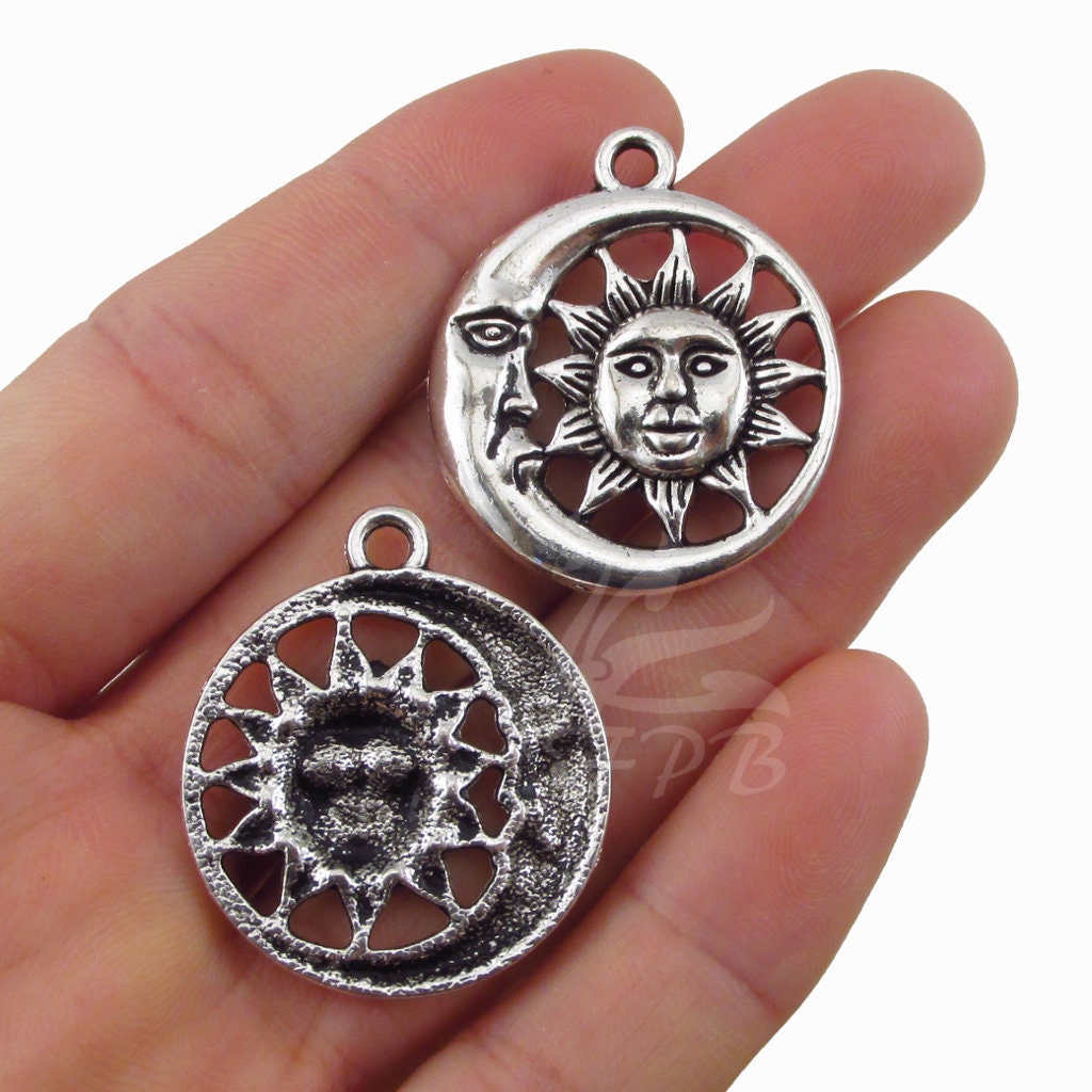 5 Sun and Moon Charms 30mm Wholesale Antiqued Silver Plated Celestial ...