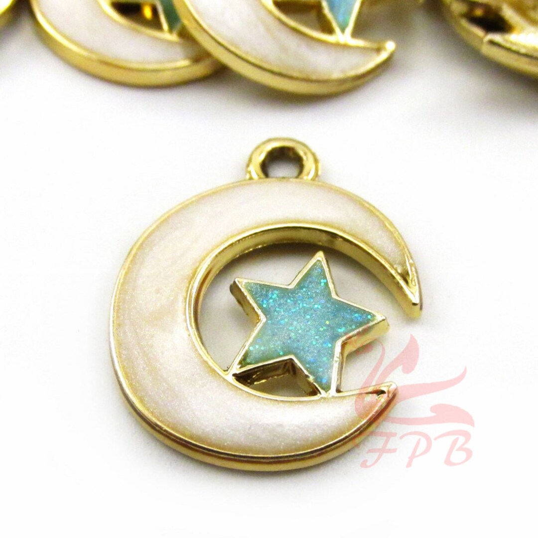 2 Moon and Star Charms 20mm Wholesale Gold Plated Blue Enamel Pendants ...