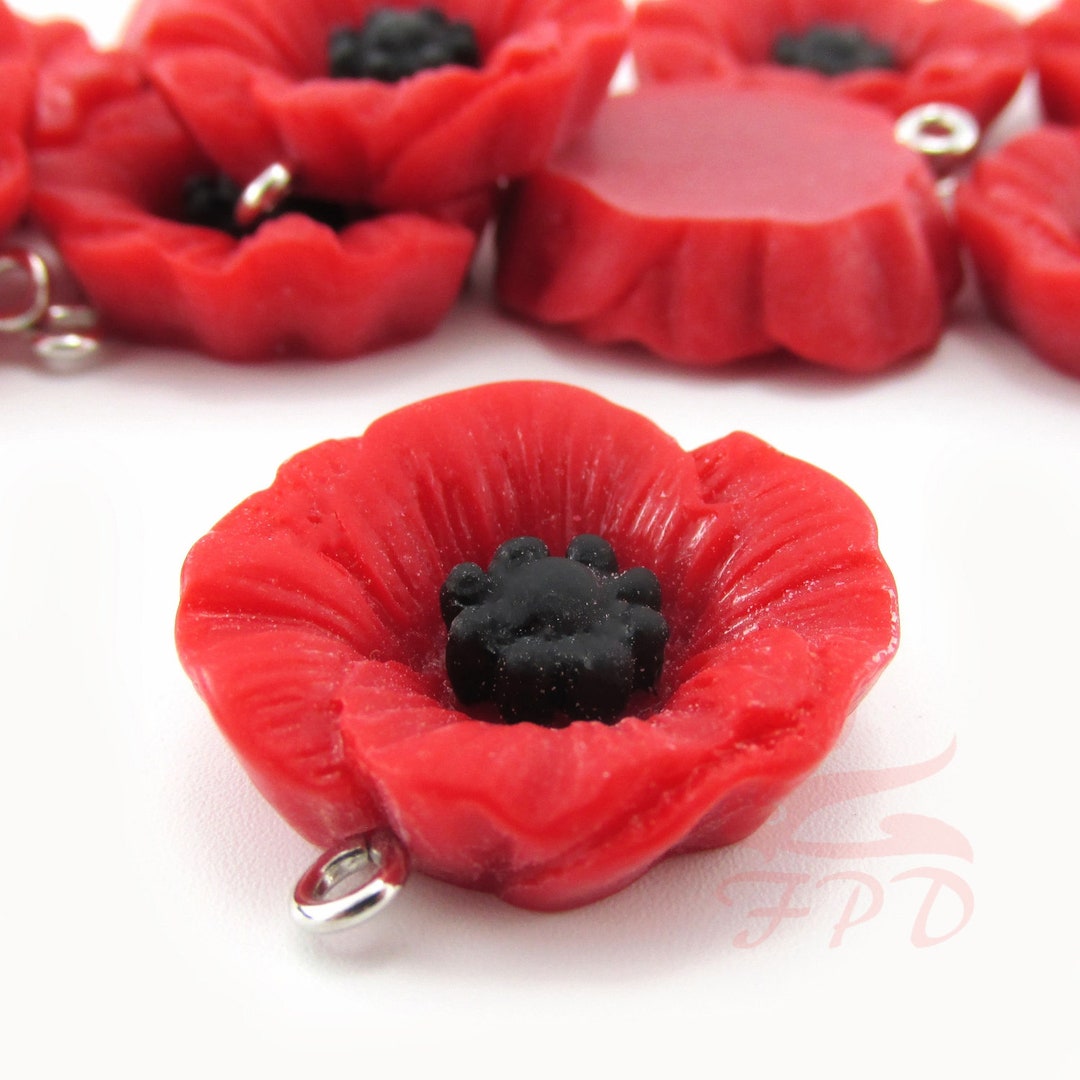 2 Red Poppy Flowers Charms 25mm August Birth Flowers Resin Poppies ...