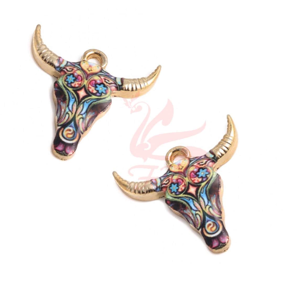 2 Bull Skull Charms 25mm Rainbow Gold Plated Enamel Cow Steer Skull ...