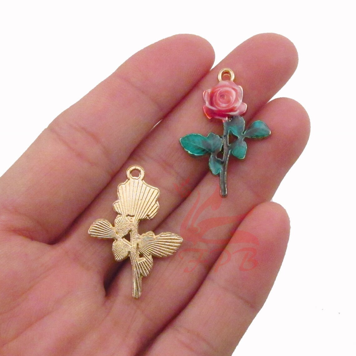 2 Red Rose Charms 29mm Gold Plated Enamel Pendants EC0100998 - Etsy